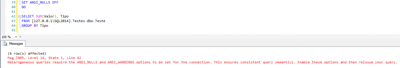 SQL Server - Heterogeneous queries require the ANSI_NULLS and ANSI_WARNINGS options to be set ...
